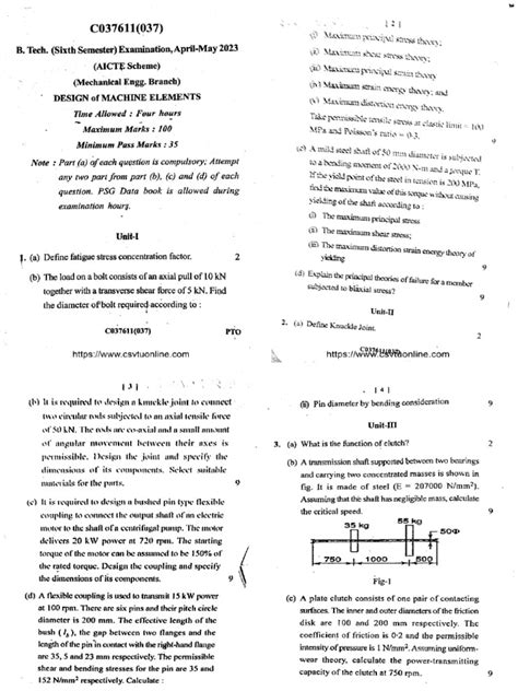 btech me 6 sem design of machine elements c037611 may 2023 pdf
