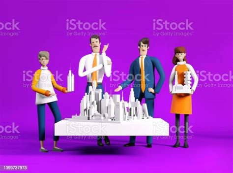 행복한 팀 사업가 신도시 프로젝트를 대표하는 건축가의 3d 렌더링 일러스트 레이 션 개념에 대한 스톡 사진 및 기타 이미지 개념 건축가 건축모형 Istock