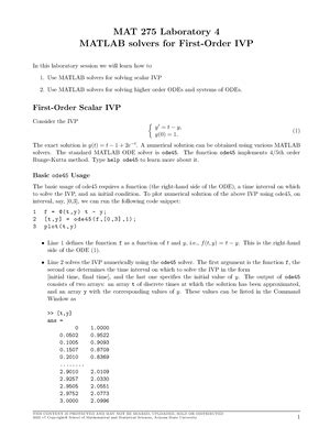 MAT275 LAB2 MATLAB LAB 2 Your Name MAT 275 Exercise 1 Part A