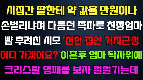 [반전 신청사연] 시집간 딸한테 약값을 만원이나 빌리냐며 무시한 시모천한집안 거지근성 어디가겠어요 이혼후 엄마 직함이 들리자