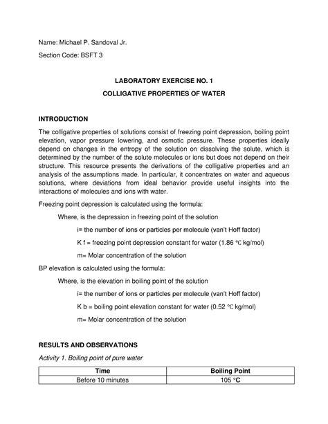 Colligative Properties Of Water No 1 Name Michael P Sandoval Jr