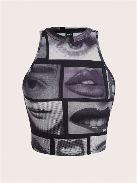 Shein Icon Figure Graphic Mock Neck Backless Halter Top