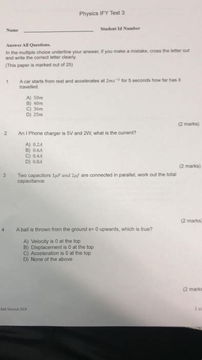 Solved Physics Ify Test 3 Name Student Ld Number Answer All