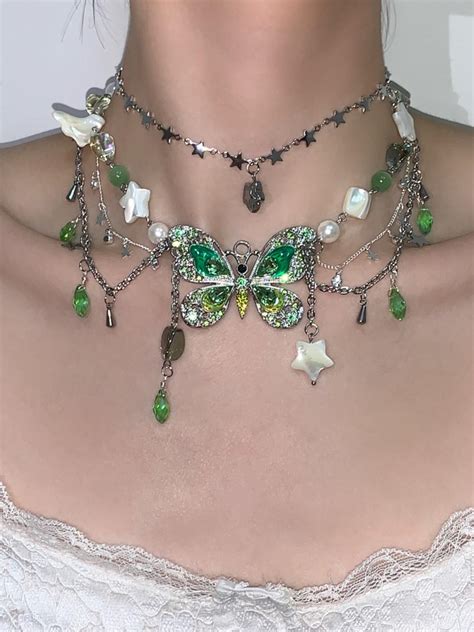 Green Butterfly Pendant Tassel Layered Necklace Waist Chain Jewelry