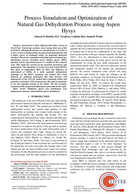 Pdf Process Simulation And Optimization Of Natural Gas Dehydration