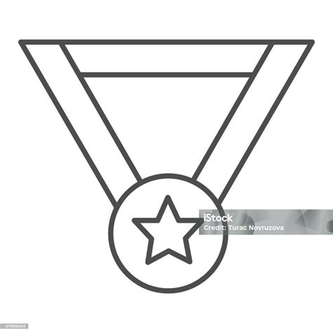 보상 얇은 라인 아이콘 흰색에 고립 된 중앙 그림에 스타와 상 메달 우승자 목걸이 메달 윤곽 스타일 디자인 웹 및 응용 프로그램을 위해 설계 Eps 10 1위에 대한 스톡