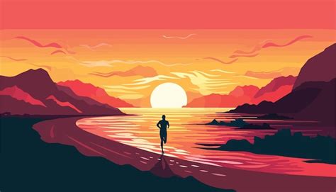 Premium Vector Woman On The Beach At Sunset Vector Illustration In