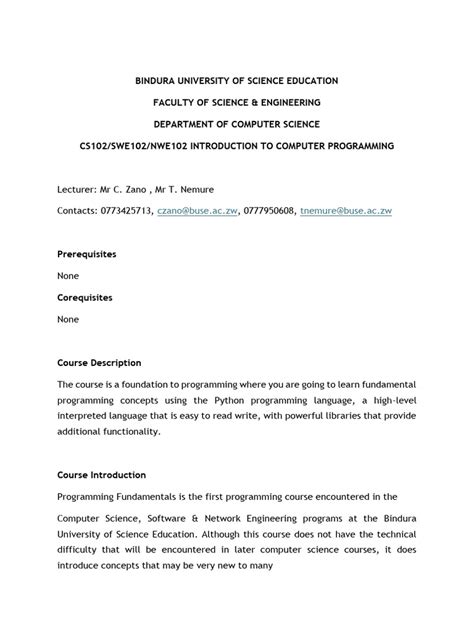 Cs102 Course Outline Aug 2024 Pdf Programming Computer Program