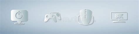 Set Power Button Game Controller Or Joystick Computer Mouse And Monitor Paper Art Style