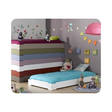 Pack Lit Enfant Empilable 90x190 Cm Avec Sommier Et Matelas Blanc