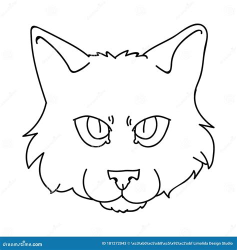 Cute Cartoon Ragdoll Kitten Face Monochrome Lineart Vector Clipart
