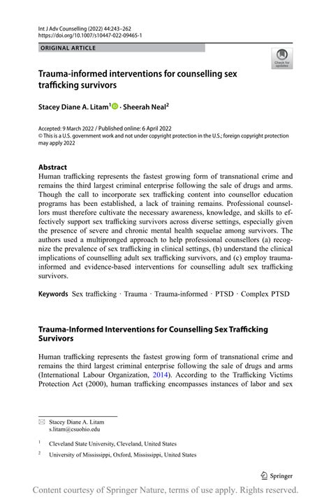 Trauma Informed Interventions For Counselling Sex Trafficking Survivors Request PDF