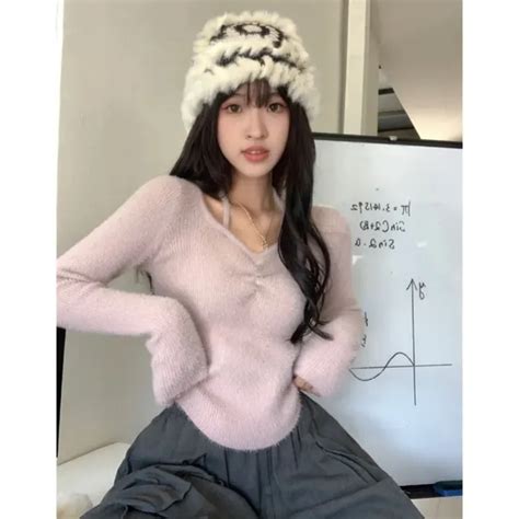 당일발송 인기컬러 글램 셔링 앙고라 나시 홀터넥 꼬임 니트 긴팔 스웨터 꼬임 티셔츠 2color 에이블리 스토어