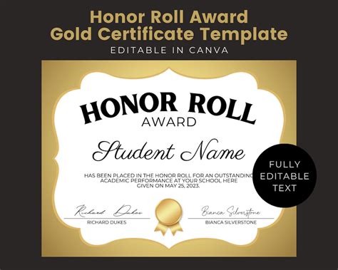 Editable School Honor Roll Certificate Classroom Academic Excellence Award Canva Template