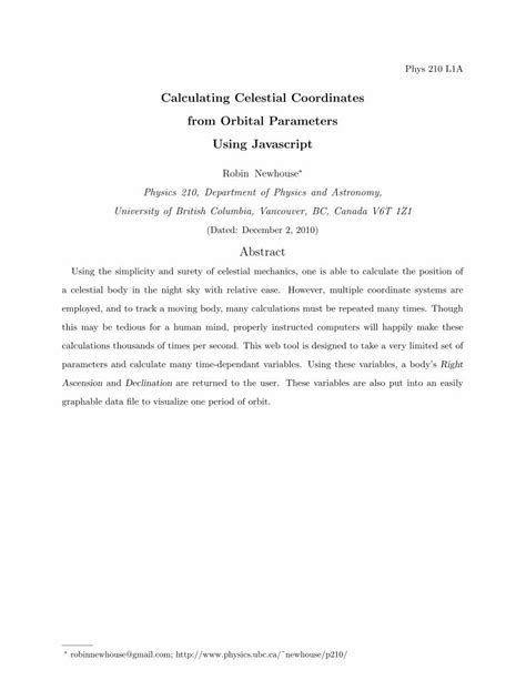 Pdf Calculating Celestial Coordinates From Orbital Parameters Using