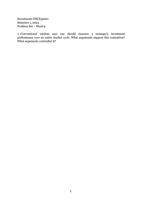 Problem Set Week 9 Homework 1 Investments Fnce Semester 1 2023