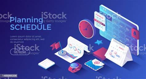 일정 및 달력 계획 시간 관리 작업 계획 조직 응용 프로그램 회의 이벤트 알림 아이소메트릭 랜딩 페이지 벡터 웹 배너입니다 시간 확인에 대한 스톡 벡터 아트 및 기타 이미지