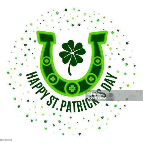 녹색 호스 슈와 행복 한 성 패 트 릭의 날 포스터 4 잎 클로버 흰색 배경에 고립 된 원 Shamrocks에 흩어져 0명에