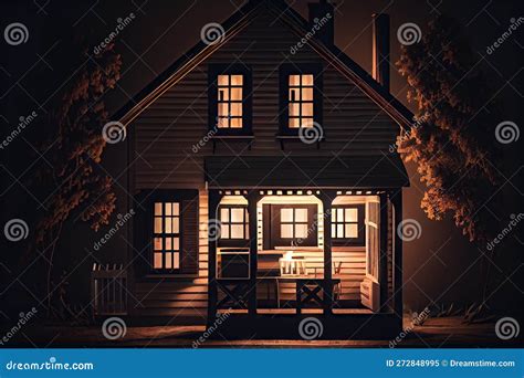 Close Up Of A Dimly Lit House With The Warm Glow Of The Inside Visible