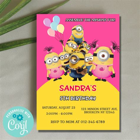 Minion Digital Birthday Invitation Minion Cartoon Theme Birthday Party