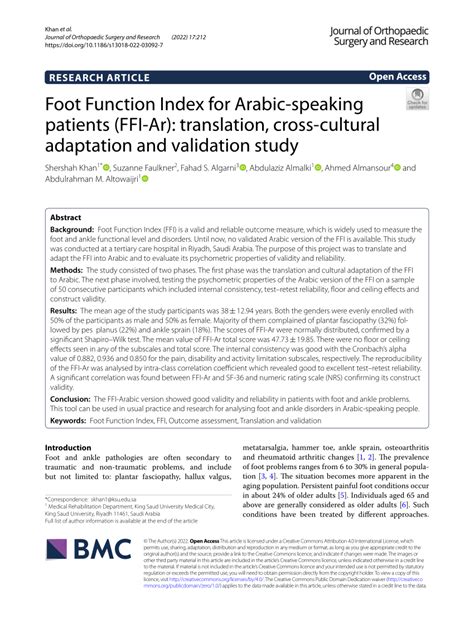 Pdf Foot Function Index For Arabic Speaking Patients Ffi Ar Translation Cross Cultural