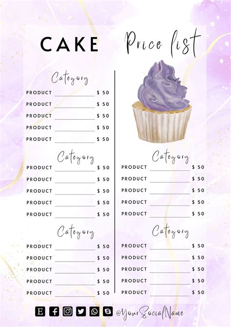 Editable Cake Price List Template For Canva Bakery Business Price List