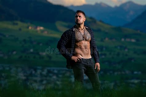 Man In Grass Farm On Countryside Farmer With Bare Naked Torso Stock