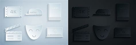 코미디 연극 마스크 시나리오 영화 클래퍼 온라인 재생 비디오 비문 감독 및 4k 영화 테이프 프레임 아이콘과 모자 설정 벡터 3차원 형태에 대한 스톡 벡터 아트 및 기타