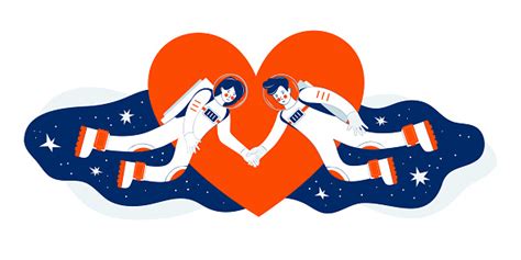 별 들 사이 우주 공간에서 우주 비행사 우주 비행사 남자와 여자는 큰 빨간 마음의 배경에 손을 잡고 우주에서 우주사랑 벡터 플랫 일러스트레이션입니다 해피 발렌타인 데이
