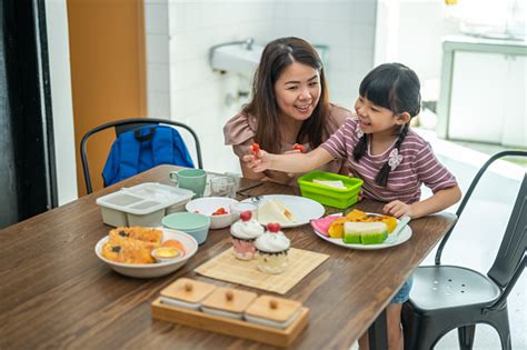 아시아 어머니와 딸 준비 건강 한 학교 도시락 에 부엌 테이블 2명에 대한 스톡 사진 및 기타 이미지 2명 35 39세
