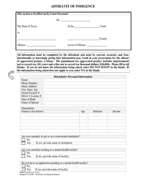 Affidavit Of Indigence This Section To Be Filled Out By Court