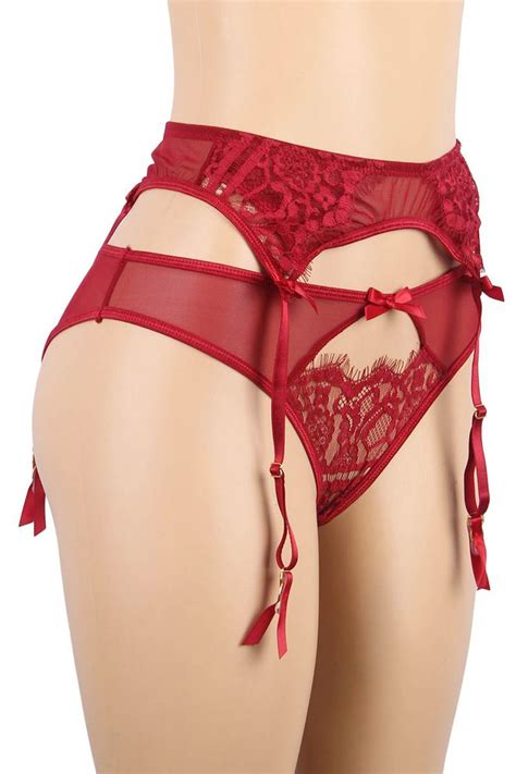 Yolanda Red Eyelash Lace Plus Size Garter Belt Panty Set Lucky Doll