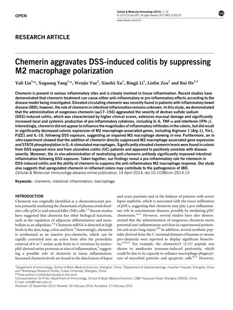 Pdf Chemerin Aggravates Dss Induced Colitis By Suppressing M2