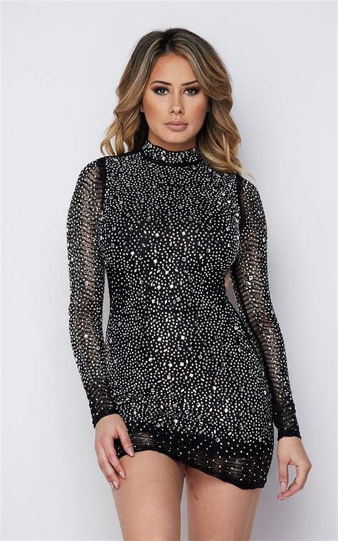 Sparkling Rhinestone Long Sleeve Dress Black