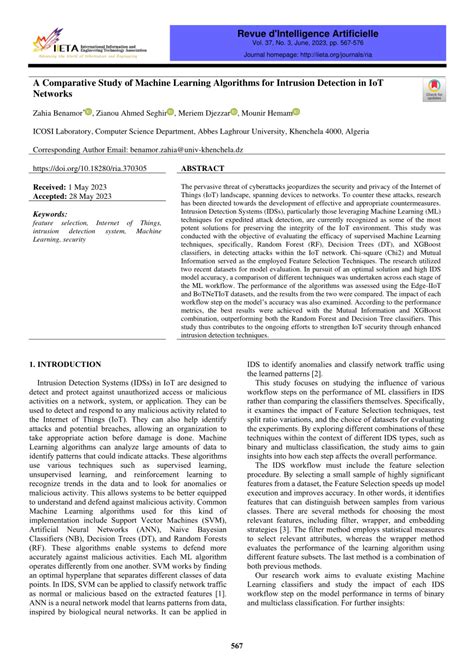 PDF A Comparative Study Of Machine Learning Algorithms For Intrusion Detection In IoT Networks