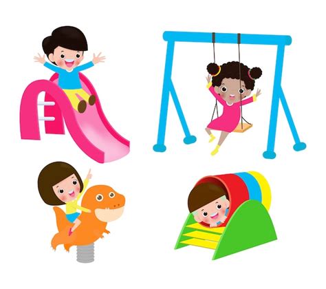 흰색 배경 일러스트 레이 션에 고립 된 놀이터에서 노는 아이들의 집합 프리미엄 벡터