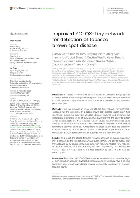 Pdf Improved Yolox Tiny Network For Detection Of Tobacco Brown Spot Disease