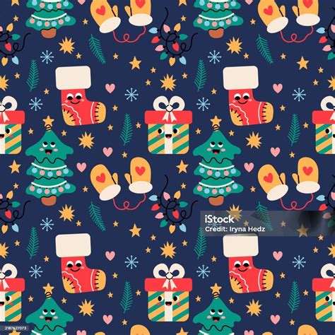 새해 또는 귀여운 캐릭터 새해 트리와 선물이 있는 크리스마스 패턴 12월에 대한 스톡 벡터 아트 및 기타 이미지 12월