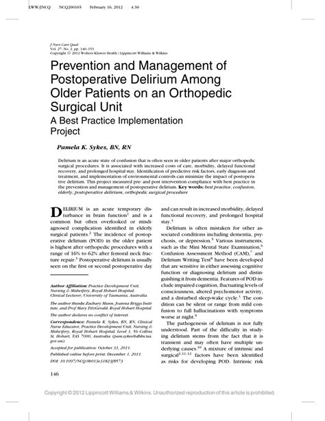 Pdf Prevention And Management Of Postoperative Delirium Among Older