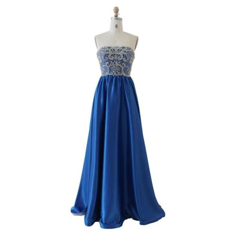 Gorgeous A Line Strapless Long Royal Blue Satin Beaded Prom Dress