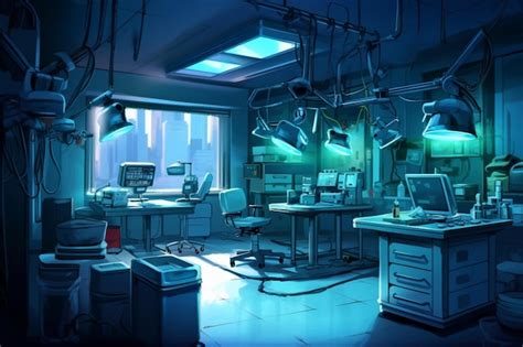 Premium AI Image A Dark Room With A Lot Of Desks And A Bunch Of Monitors