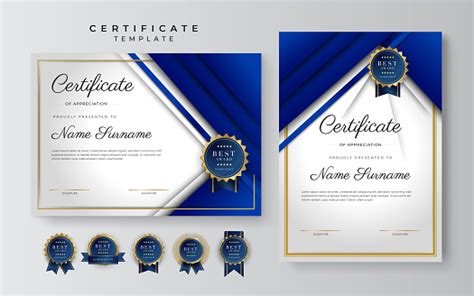 고급 배지와 현대적인 라인 패턴이있는 업적 국경 템플릿의 파란색과 금색 인증서 수상 비즈니스 및 교육 요구 사항 감탄에 대한
