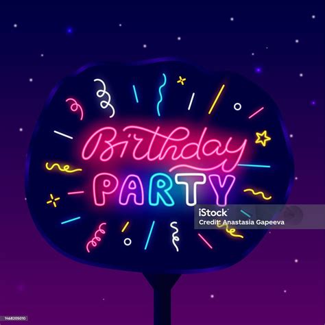 생일 파티 네온 거리 광고판 이벤트 축하 레이블 가벼운 옥외 광고 벡터 스톡 일러스트 간판에 대한 스톡 벡터 아트 및 기타