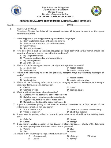 Second Summative Test In Media First Quarter Pdf Cinematography