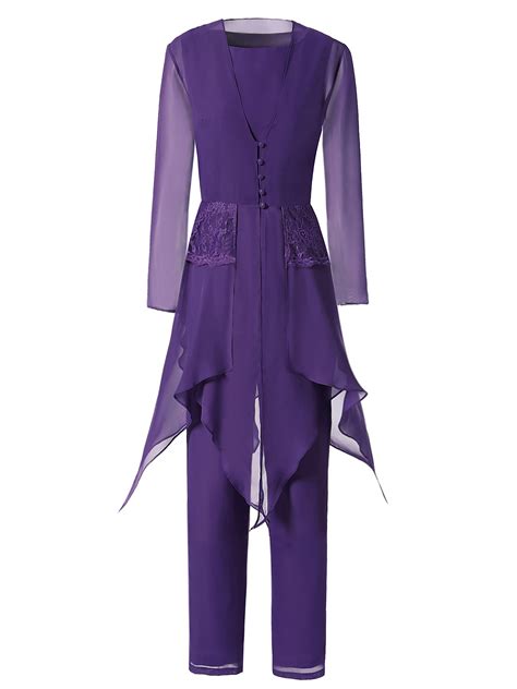Long Sleeves Chiffon Lace Mother Of The Bride Dress Pant Suits Cicinia
