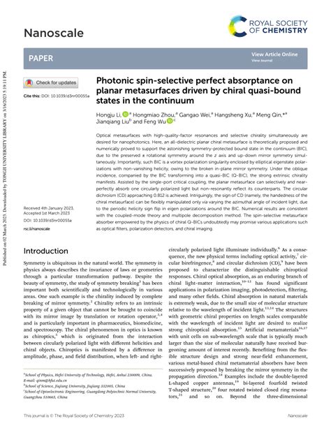Pdf Photonic Spin Selective Perfect Absorptance On Planar Metasurfaces Driven By Chiral Quasi