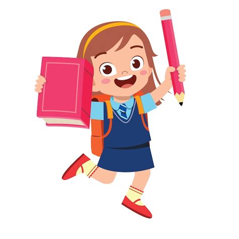 Feliz estudiante lindo niño niña con libro y lápiz Vector Premium