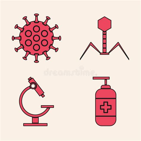 Set Bottle Of Liquid Antibacterial Soap Virus Bacteria Bacteriophage