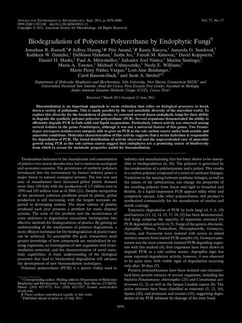 Pdf Biodegradation Of Polyester Polyurethane By Endophytic Fungi