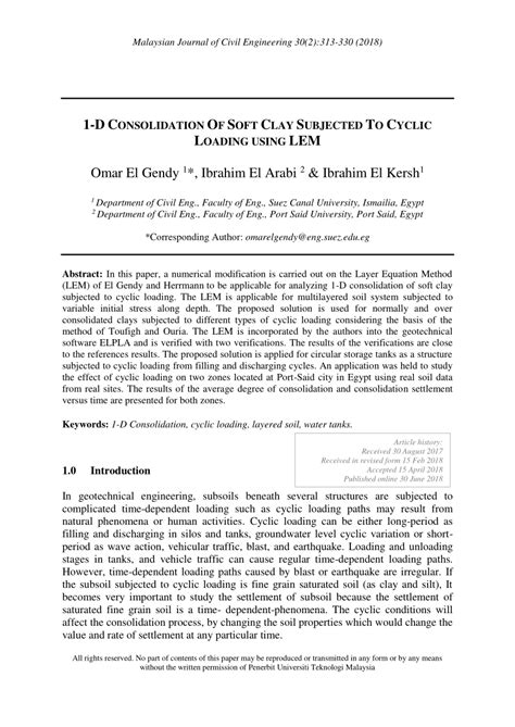 Pdf 1 D Consolidation Of Soft Clay Subjected To Cyclic Loading Using Lem